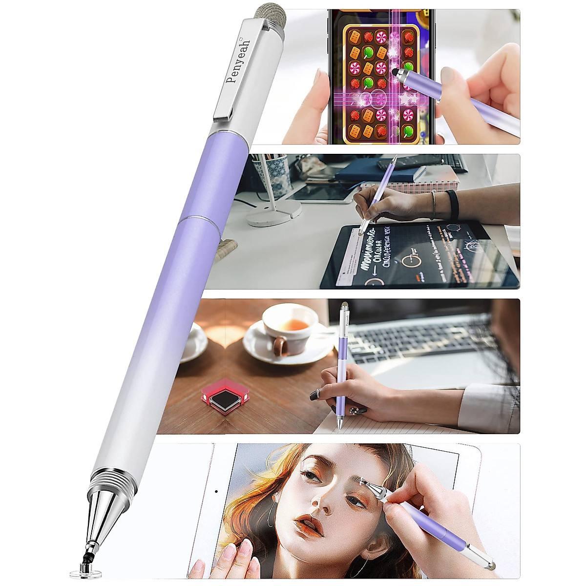 Penyeah Stylus Pen for iPad/iPhone/Android (4 in 1),Universal Touch Screen Disc Tip/Mesh & Rubber Tip Stylist Pen for All Capacitive Phones/Tablets/Laptops-Dream Purple