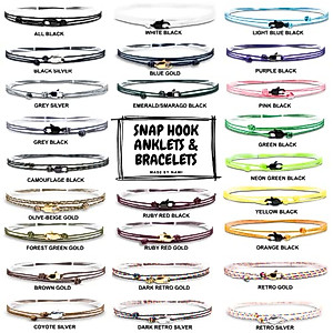 Adjustable Wrap Surfer Bracelet Women & Men - Thin String Bracelet with Snap Hook - Nautical Maritime Beach Jewelry - Handmade & Waterproof - Birthday Gift for Him (Black Silver)