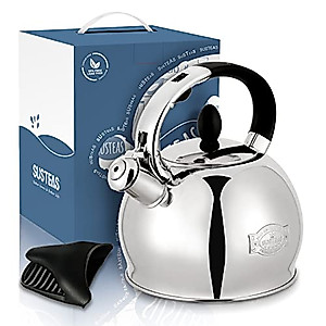 SUSTEAS Stove Top Whistling Tea Kettle-Surgical Stainless Steel Teakettle Teapot with Cool Touch Ergonomic Handle,1 Free Silicone Pinch Mitt Included,2.64 Quart(SILVER)