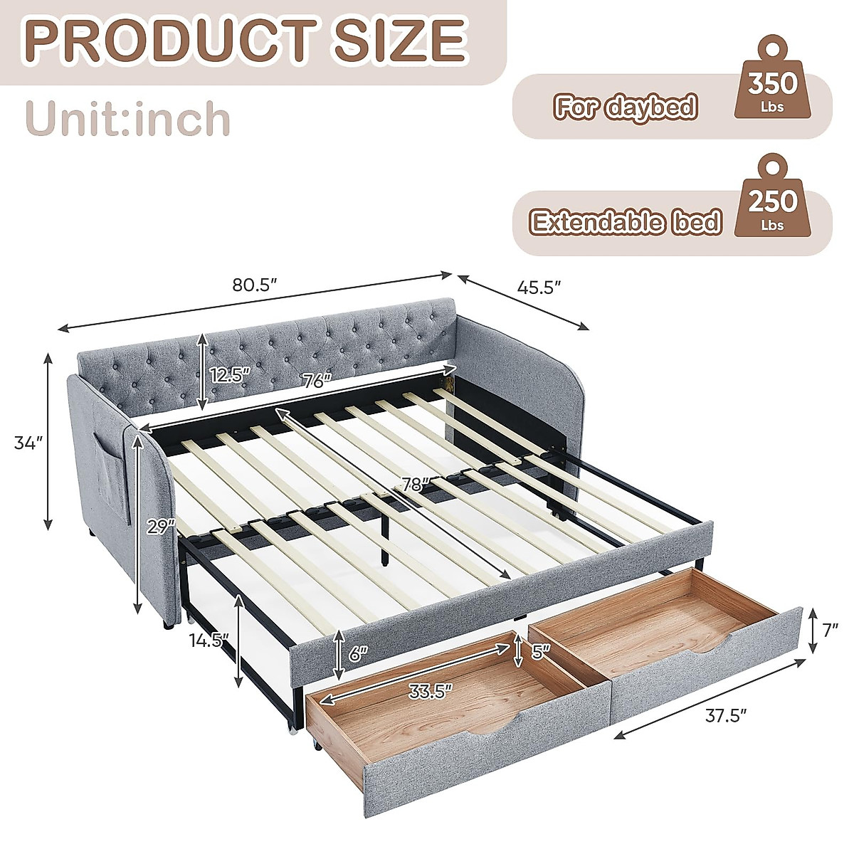 Antetek 80.5" Daybed with Drawer, Modern Button Tufted Linen Day Bed with Trundle Bed Twin to King, Upholstered Daybed Frame w/Storage Pocket for Bedroom, Living Room, No Box Spring Needed, Grey