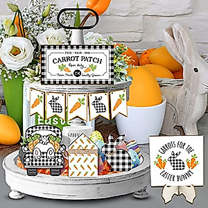 10 Pcs Easter Tiered Tray Decor- Carrot Bunny Wood Sign Decoration Rustic Farmhouse Easter Table Decor with 2 Pcs Small Stand for Home Kitchen Living Room, Dining Table, Easter Party Desk