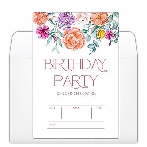 YUEXLL Floral Birthday Party Invitations Cards with Envelopes, Rose Floral Party Invitations, Birthday Celebration Supplies, Double-sided Fill-in bday Invites for Boys Girls- A31