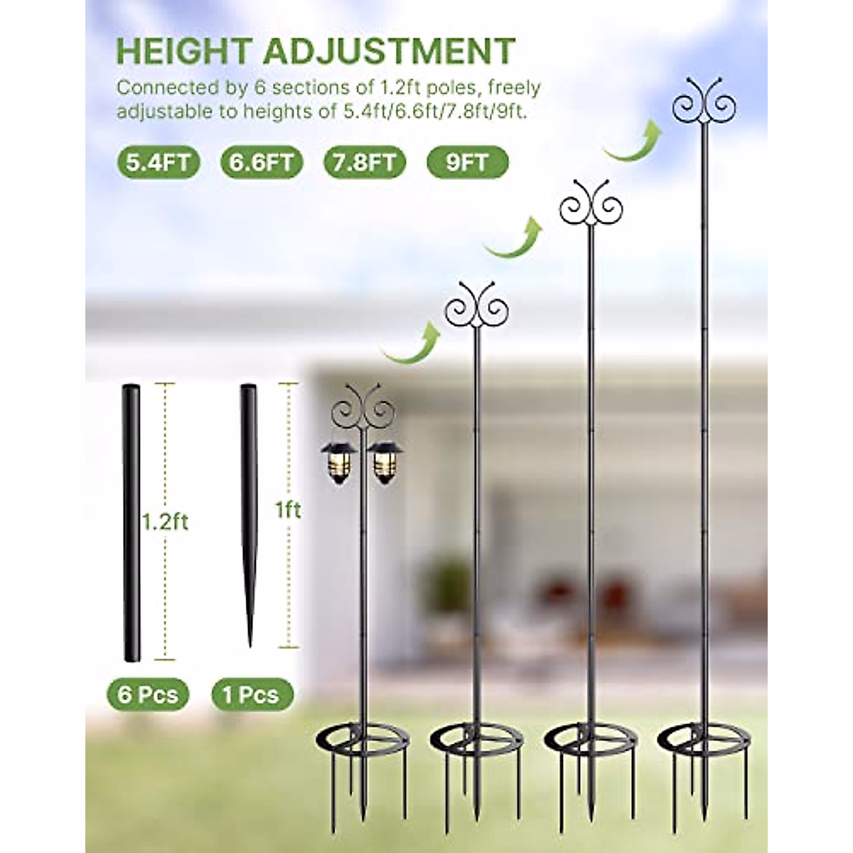 Outdoor String Light Poles 2 Pack, 9 FT Light Poles for Hanging Outside String Lights with Hooks, Adjustable Metal String Light Pole for Patio Fence Backyard Deck Garden Bistro Christmas Wedding