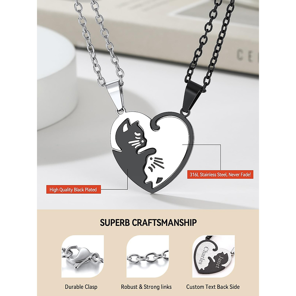 FaithHeart Cat Matching Necklace for Couple, Stainless Steel Puzzle Pieces BFF Pendants for Women, Cute Friendship Necklaces for 2 Ladies