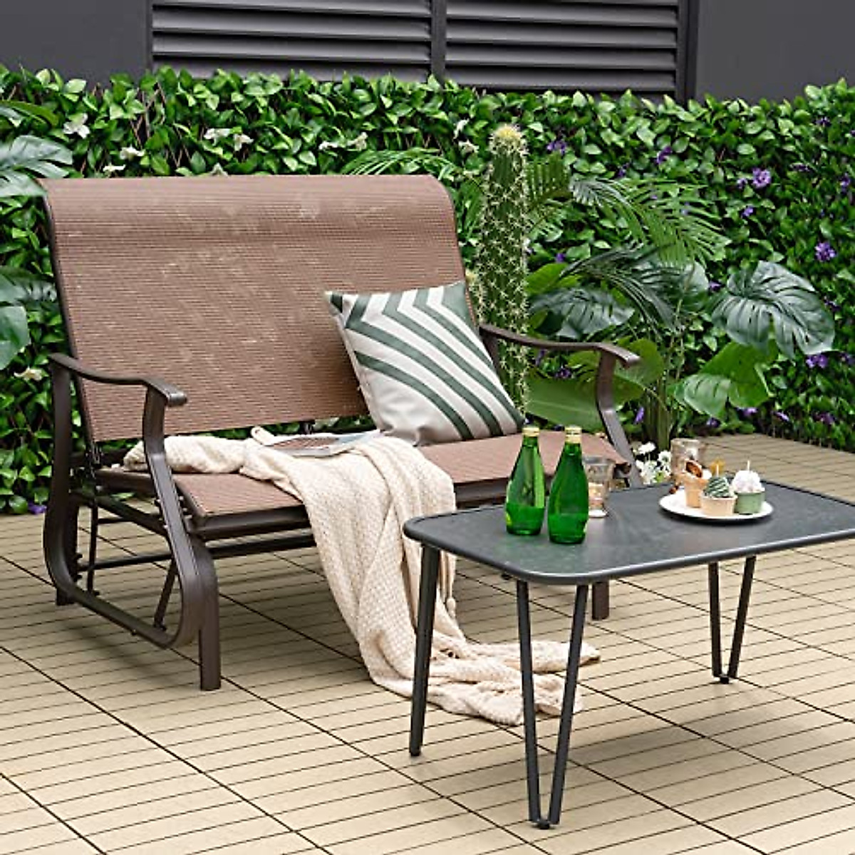 Tangkula Patio Glider Bench, 2-Person Outdoor Rocking Bench with High Back & Curved Armrests, Swing Glider Loveseat with Spacious Seat for Backyard, Balcony, Poolside, Porch (Brown)