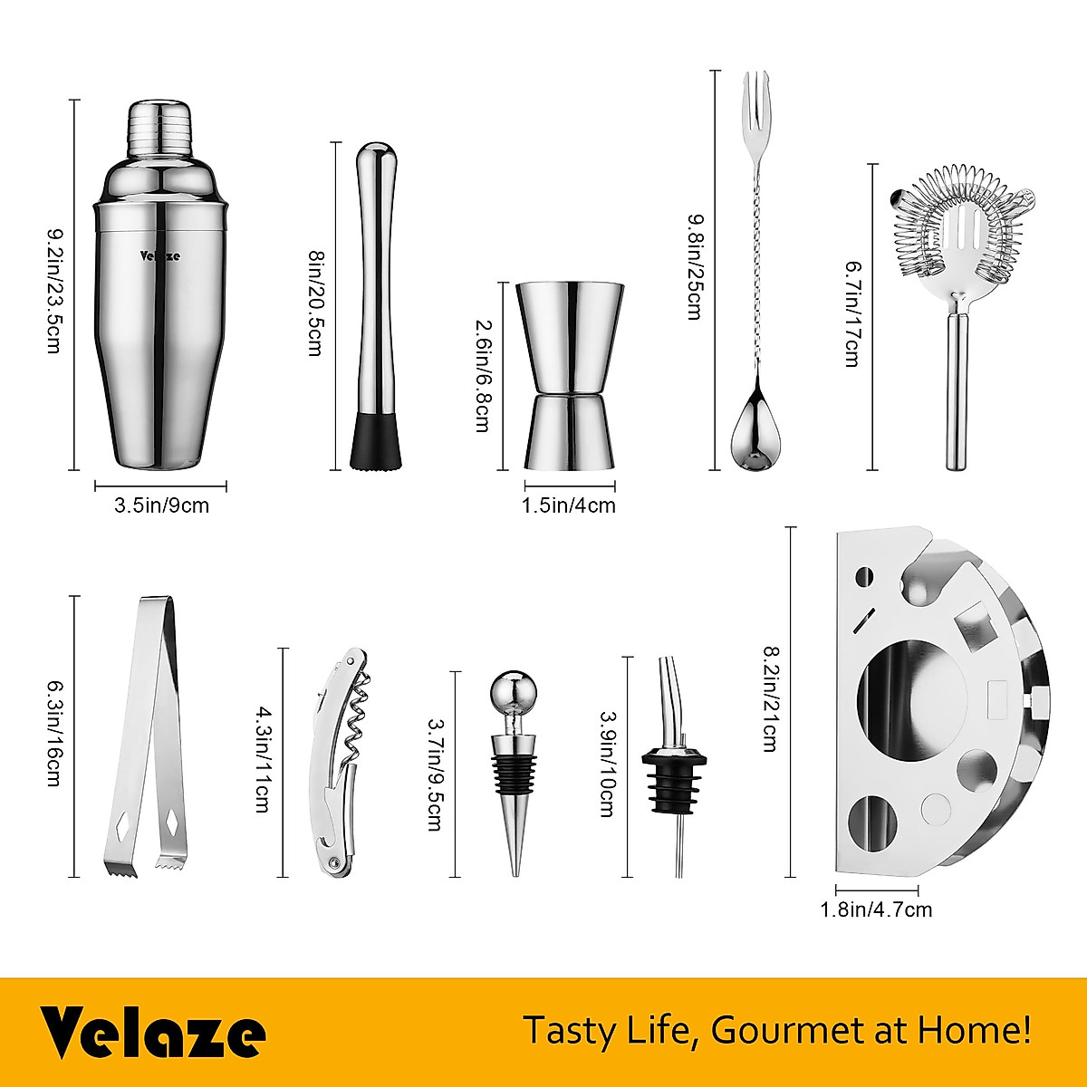 Velaze Cocktail Shaker Set,10 Pieces Stainless Steel Bar Tools - Bottle Opener, Pour Spouts,Measuring Jigger and Wine Stopper, Champagne Martini Shaker Sets (Blue)