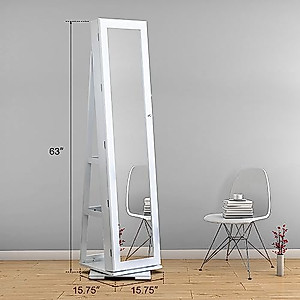 Bonnlo Jewelry Armoire with 360 Rotation Base, 57 x 10 inch Mirror, Freestanding, Cosmetic Storage
