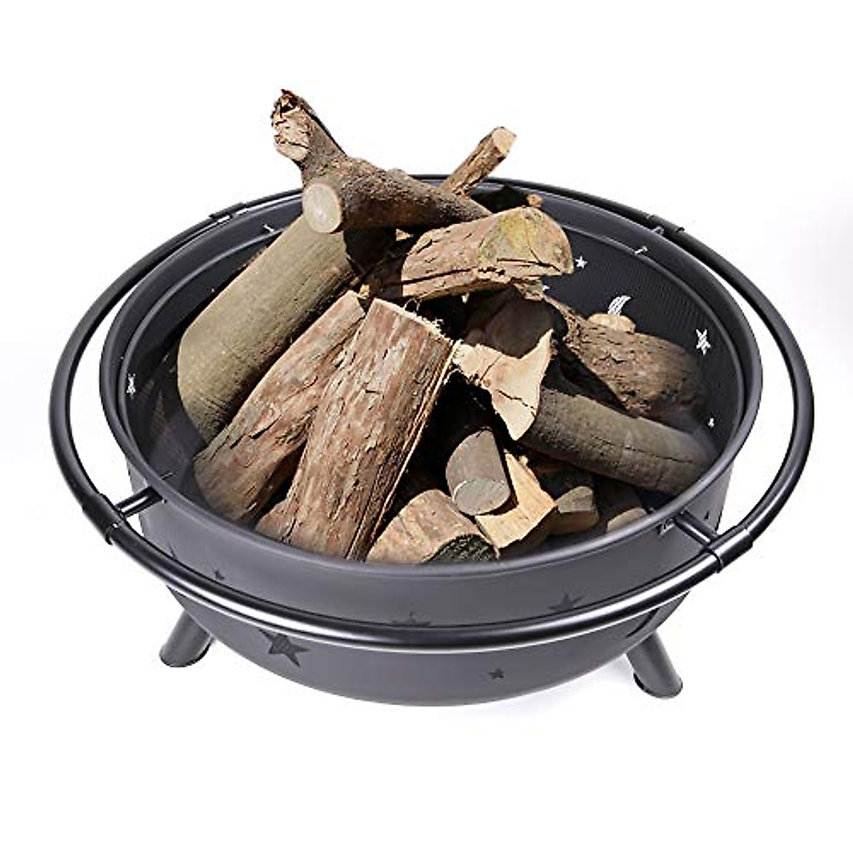 Wostore 36 inch Star&Moon Outdoor Fire Pit Bronze Cauldron Camping Bonfire Patio Backyard Fireplace with Spark Screen and Poker Wood Burning Firebowl Marshmallow Roasting Campfire Black