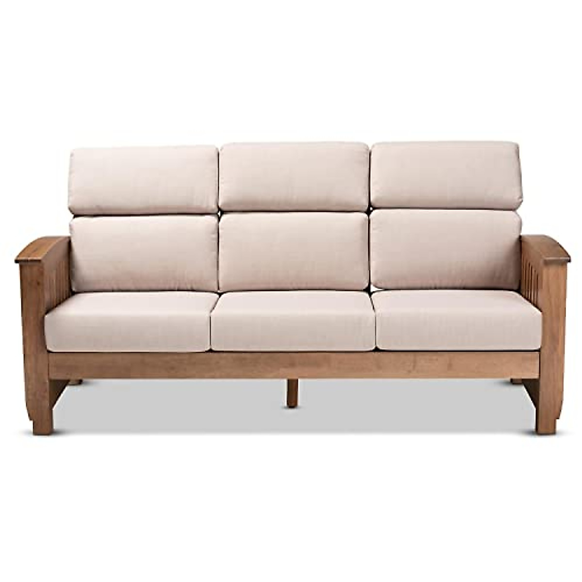 Baxton Studio Charlotte Modern Classic Mission Style Taupe Fabric Upholstered Walnut Brown Finished Wood 3-Seater Sofa