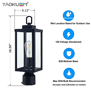 YaoKuem Outdoor Post Light, Pole Lantern, E26 Base 60W Max, Metal Housing Plus Glass, Wet Location Rated, Bulbs not Included, Matte Black, 1 Pack
