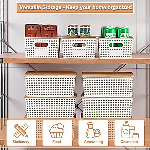 UHAPEER 6 PCS Storage Bins with Bamboo Lids Plastic Baskets Plastic Storage Containers for Organizing Stackable Storage Box with Handle for Shelves Drawers Desktop Closet Classroom Office（White）