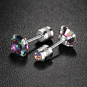 Titanium Screw Back Pack of Earrings Rainbow Cubic Zirconia Studs for Women Men 20G Helix Piercing Post Surgical Stainless Steel Hypoallergenic for Sensitive Ears Simulated Diamond