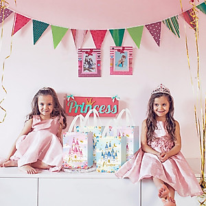 Locmeo 24 Pcs Prince and Princess Party Favor Bags with Handles Reusable Non Woven Castle Candy Goodie Bags Treat Blue Prince Pink Princess Gift Bag for Girl Boy Birthday Baby Shower, 8 x 4 x 10 Inch