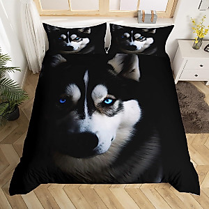Dog Duvet Cover Cute Pet Dog Bedding Set for Kids Boys Girls Teens 3D Animal Theme Comforter Cover Siberian Husky Breathable Bedspread Cover Room Decor Quilt Cover Queen Size (No Comforter)