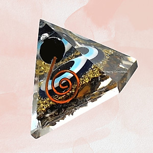 Ultimate Protection Orgone Pyramid with Evil Eye Black Obsidian Sphere - Triple Protection Crystals Tiger Eye Hematite & Black Obsidian (30mm, Small)