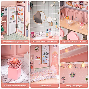 ROBUD Doll House, Wooden Dollhouse for Kids Toddler with Garden, Ladder, 25pcs Realistic Accessories, Gift for 3+ Years Old Girls Boys, Pink