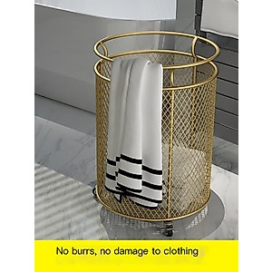YDKJWB Metal Laundry Basket with Wheels, Round Mesh Dirty Clothes Hamper, Gold/Black/White Laundry Hamper, Storage Basket for Bathroom, Laundry Room, Living Room, Bedroom (Color : Gold)