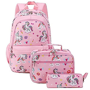 Unineovo Unicorn Girls School Backpack Set 3 in 1, Girls Pink Unicorn Bookbag, Backpack, Lunch Box, and Pencil Case for Elementary School