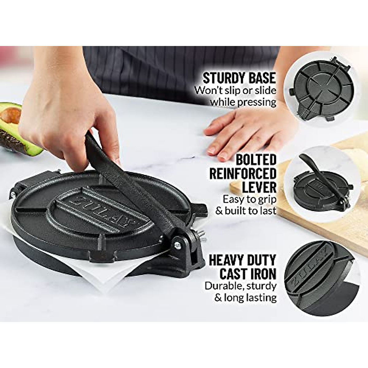 Zulay Cast Iron Tortilla Press 8 Inch - Pre Seasoned with 100 Pieces Parchment Paper - Heavy Duty Roti Maker and Flour Tortilla Press for Quesadilla, Naan, Chapati, Samosa, Poori, Saj Bread, Lahmacun