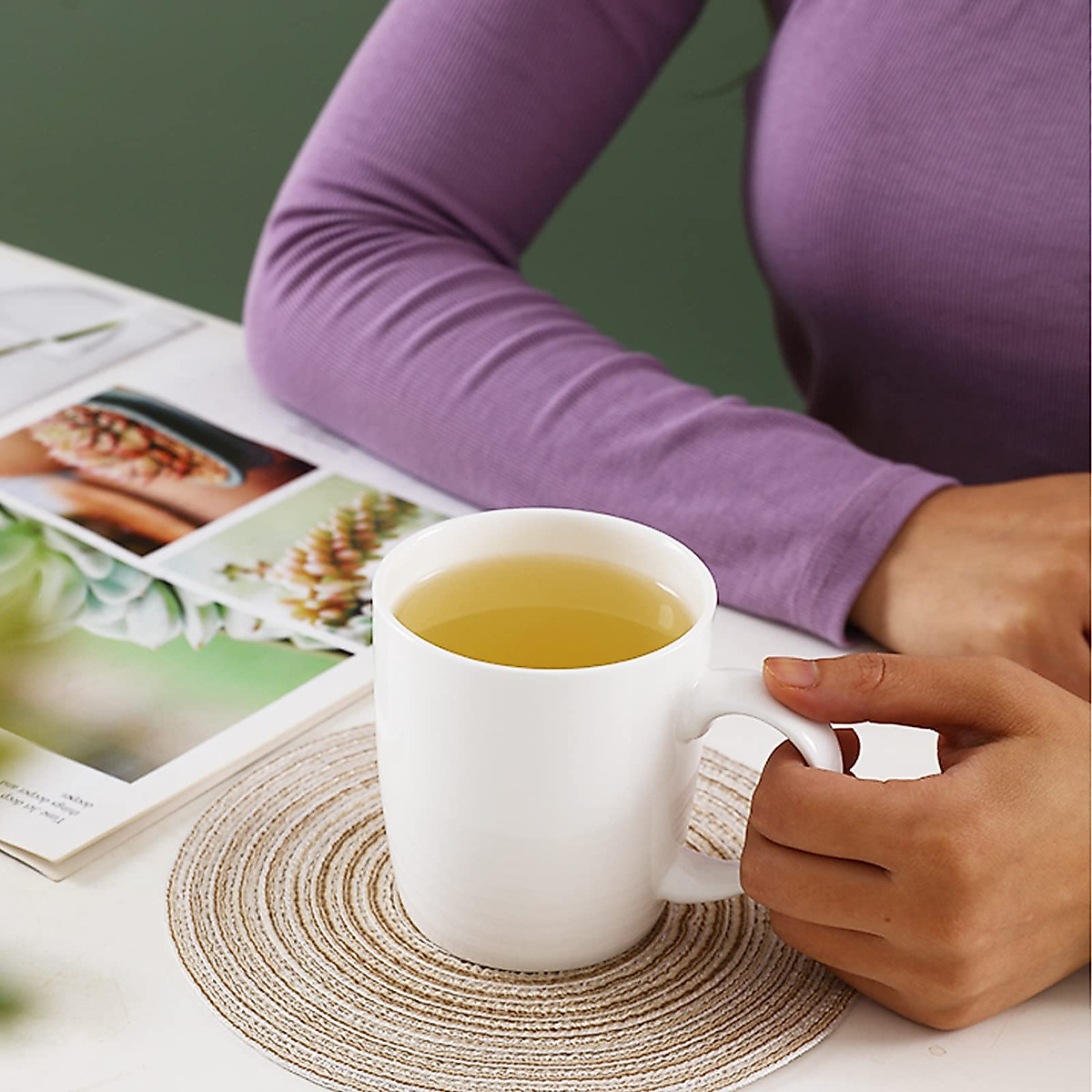 Gang Rinpoche 12 oz Fine Bone China Coffee Mugs, Over 45% Bone Content of Mugs, Durable Porcelain Coffee Mugs Sets, White Ceramic Tea Milk Cups Set of 4, Lightweight Christmas Bright Mugs