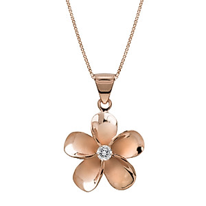 Honolulu Jewelry Company 14K Rose Gold Plated Sterling Silver CZ Plumeria Flower Nature Necklace Pendant with 18" Box Chain
