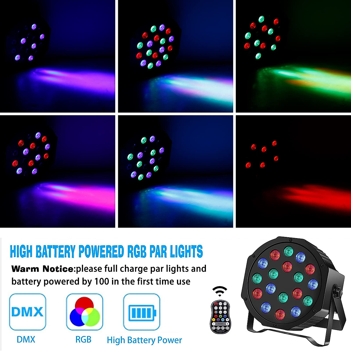 U`King Rechargeable Par Lights Wireless 18 RGB Stage Lighting Battery Powered Uplights DMX Control Uplighting for Wedding DJ Disco Show Church(4 Pack)