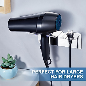 SUS 304 Stainless Steel Hair Dryer Holder Wall Mounted, Self Adhesive Hair Straightener Holder, Universal Blow Dryer Holder with Plug Hooks for Cabinet Bathroom