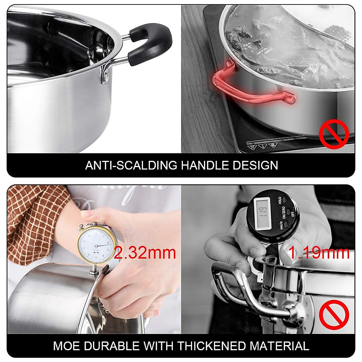 Kerykwan 304 Food Grade Stainless Steel Shabu Shabu Hot pot with Divider&Lid for Induction Cooktop Gas Stove Dual Sided Soup Cookware (11 inch)