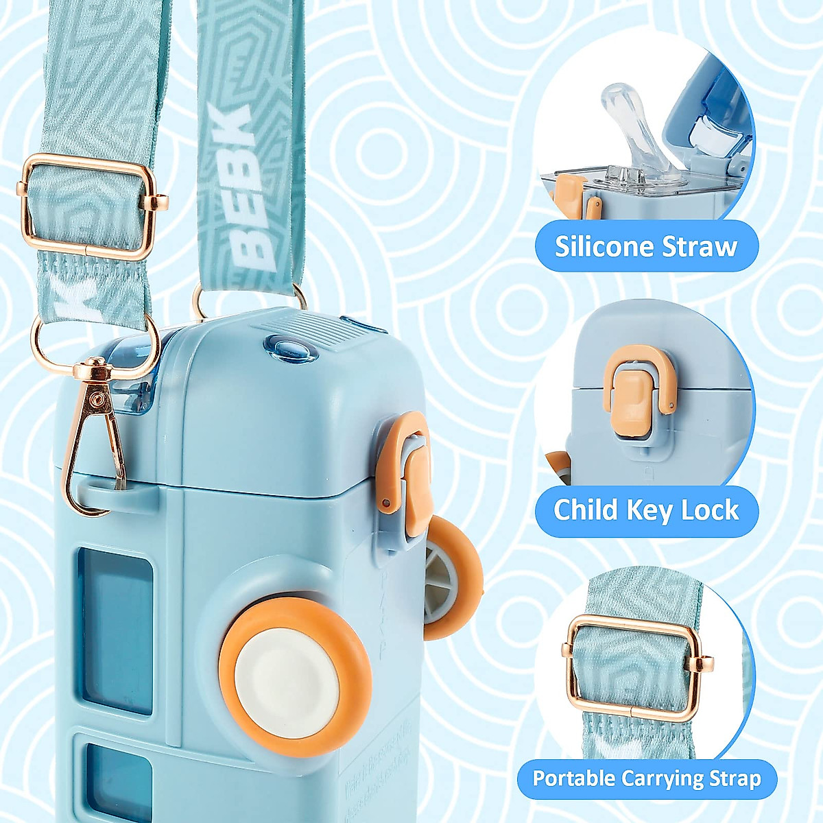 Car Straw Water Cup,500ml Portable Detachable Bus Water Bottle with Shoulder Strap Leak-Proof Kids Small Drinking Cup Cute Cartoon Water Jug Toy Locking Flip Lid Water Kettle for Kids (Blue)