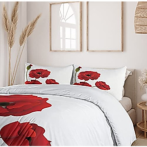Ambesonne Floral Duvet Cover Set, Poppy Flowers Vivid Petals Buds Pastoral Purity Mother Earth Nature Design, Decorative 3 Piece Bedding Set with 2 Pillow Shams, Queen Size, Red Green