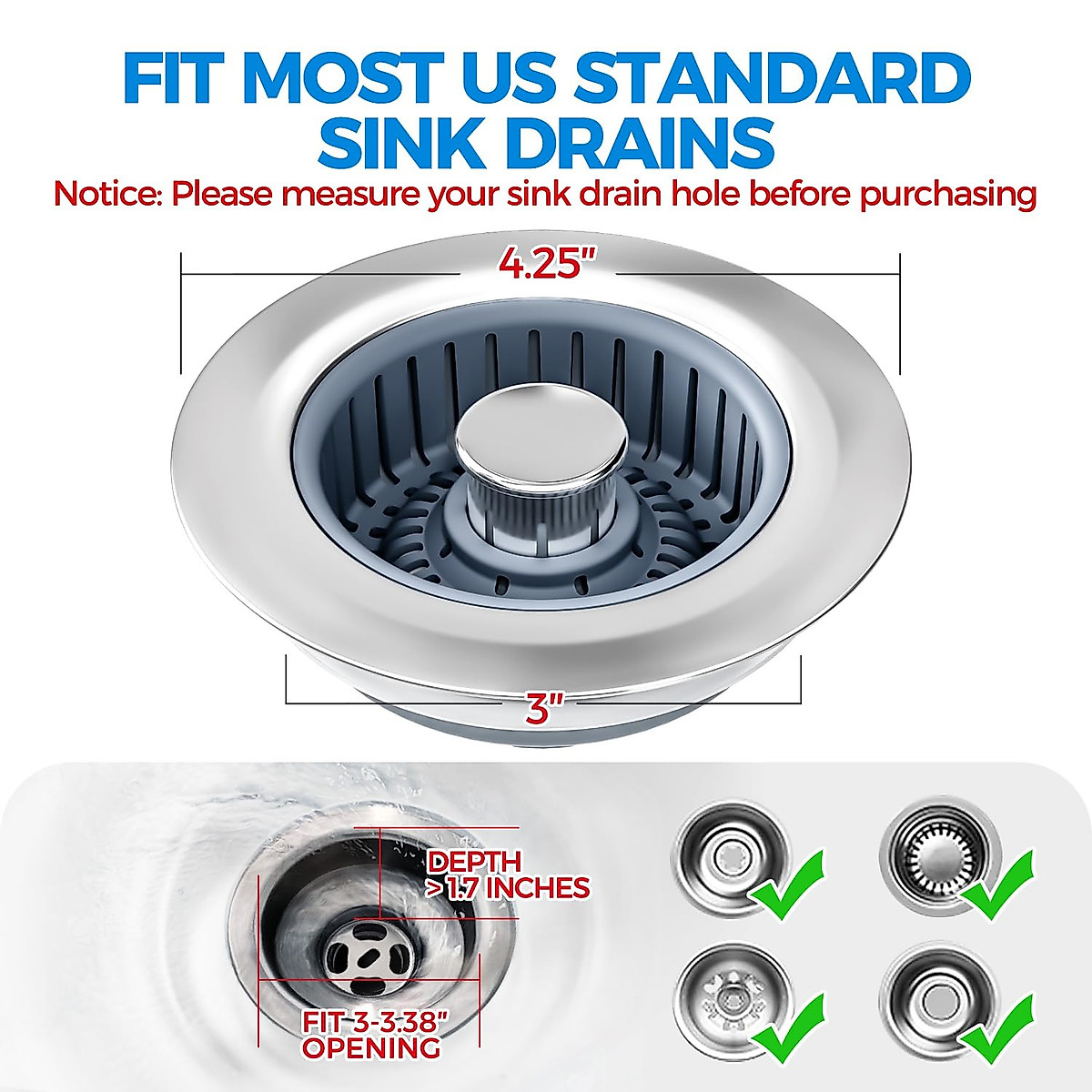 Upgraded 2Pack 3in1 Kitchen Sink Drain Strainer & Sink Stopper, Stainless Steel Kitchen Drain Plug & Cover with Anti-Clogging Basket Strainer, Fit US Standard 3-1/2'' Sink Drain Hole, Silver