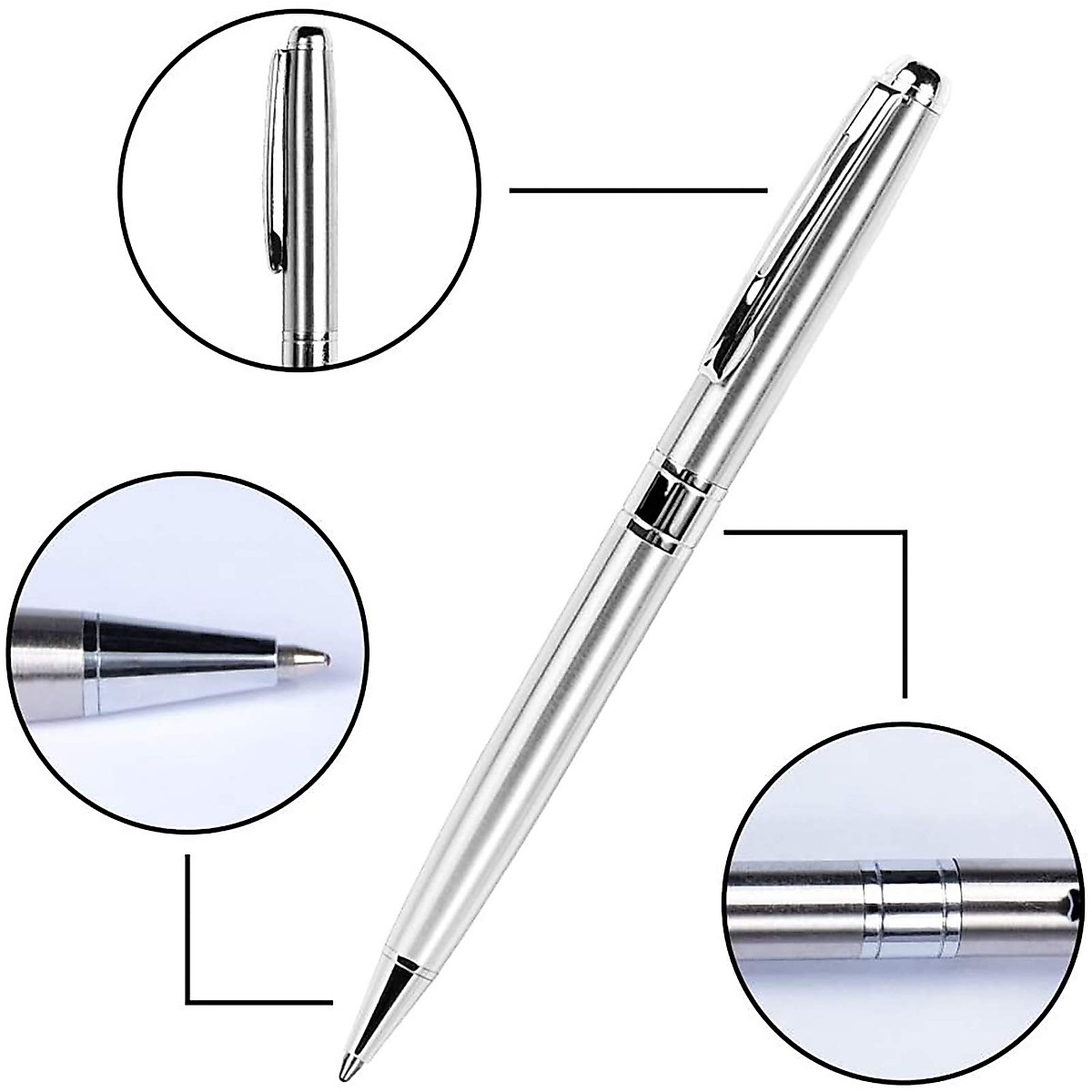 Cambond Silver Ballpoint Pens Black Ink, Stainless Steel Uniform Pens for Gift Business Men Police Flight Attendant, 1.0 mm Medium Point Nice Pens, 3 Pens with 3 Refills, Silver - CP0201