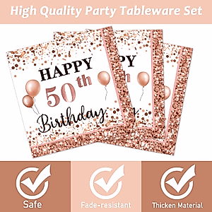 96 Pcs 50 and Fabulous Birthday Party Plates Napkins Tableware Set Rose Gold 50th Birthday Supplies Disposable Dinnerware Fifty Birthday Decoration Favors for Women, 24 Guests