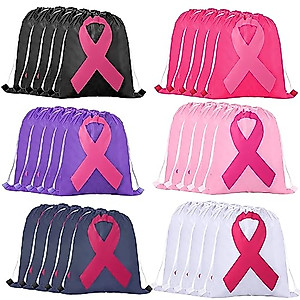 Silkfly 30 Pcs Breast Cancer Awareness Drawstring Bags Bulk Pink Ribbon Drawstring Backpack Draw String Storage Bags for Yoga Swimming Gym Sport Party Gift Supplies