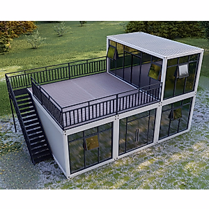 4 Container Houses Combined with 2 Two-Story Villas Modular Shipping Container House Luxury Prefab Home - with Living Room, Bathroom, Kitchen for Homes, Hotels, Offices