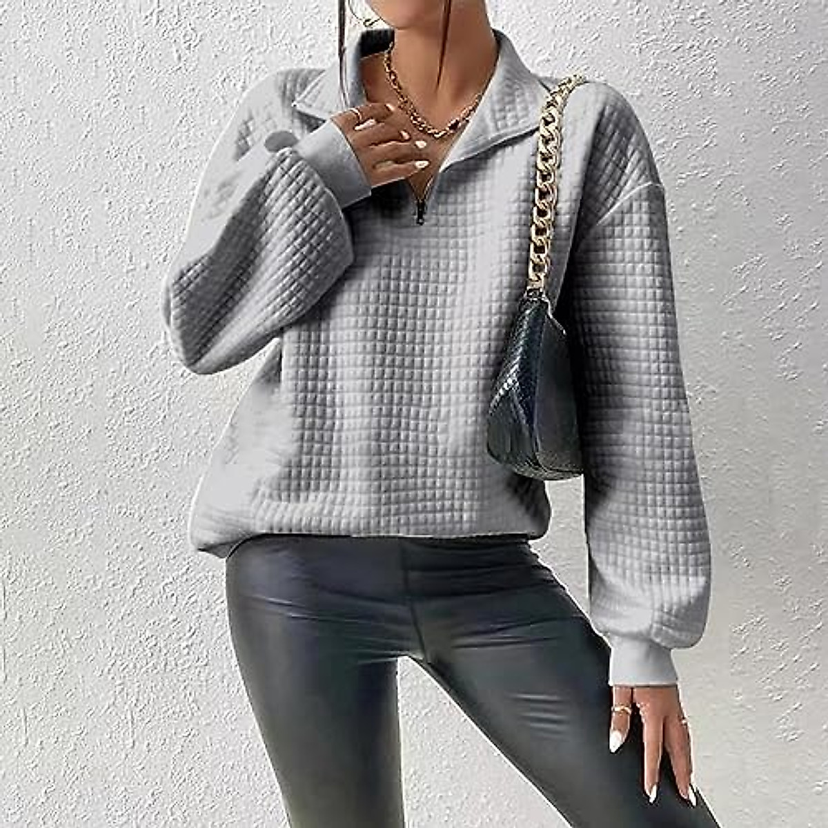 iHPH7 Women's Cropped Sweatshirt Long Sleeve Quarter Zip Hoodie Pullover Y2K Waffle Plaid Sweater Fall Trendy Outfits Clothes Grey