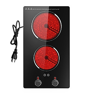 110v Electric Cooktop 2 Burners, 12'' Electric Stove Top with Plug in, GTKZW Knob Control Countertop & Built-in Ceramic Cooktop, 9 Power Levels, Child Lock, Timer, Over-Heat Protection