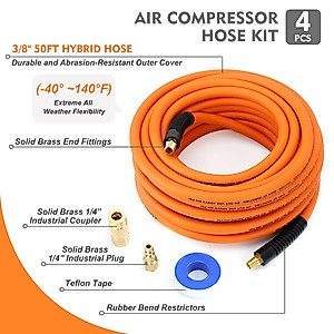 FYPower Air Compressor Hose 3/8 Inch x 50 Feet Hybrid Hose with Fittings, Flexible and Kink Resistant, 1/4" Industrial Quick Coupler and Plug Kit