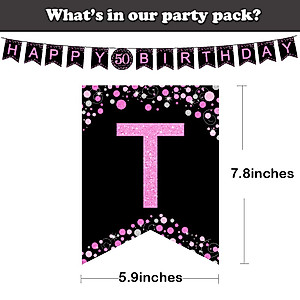 50th Birthday Pink Gold Party Supplies, Disposable Tableware for 16 Guest, Include 7” Paper Plates,9” Plates, Banner, 12 oz Cups, Napkins, Tablecloth, Cutlery…