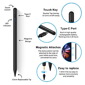 Stylus Pen for iPad Pencil with Palm Rejection Magnetic Attachment Active Pencil with Tilt Sensitivity Digital Pencil (ID716 Black)