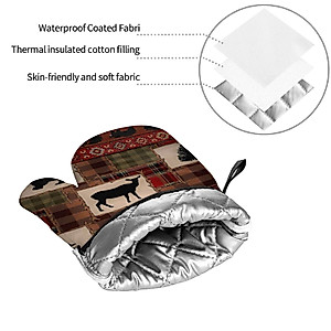 Oven Mitts and Pot Holders Set Retro Rustic Lodge Bear Deer Moose Heat Resistant Kitchen Microwave Gloves and Hot Pads Potholders with Cotton Liner Grip Cooking Mitts for Baking Cooking Grilling BBQ