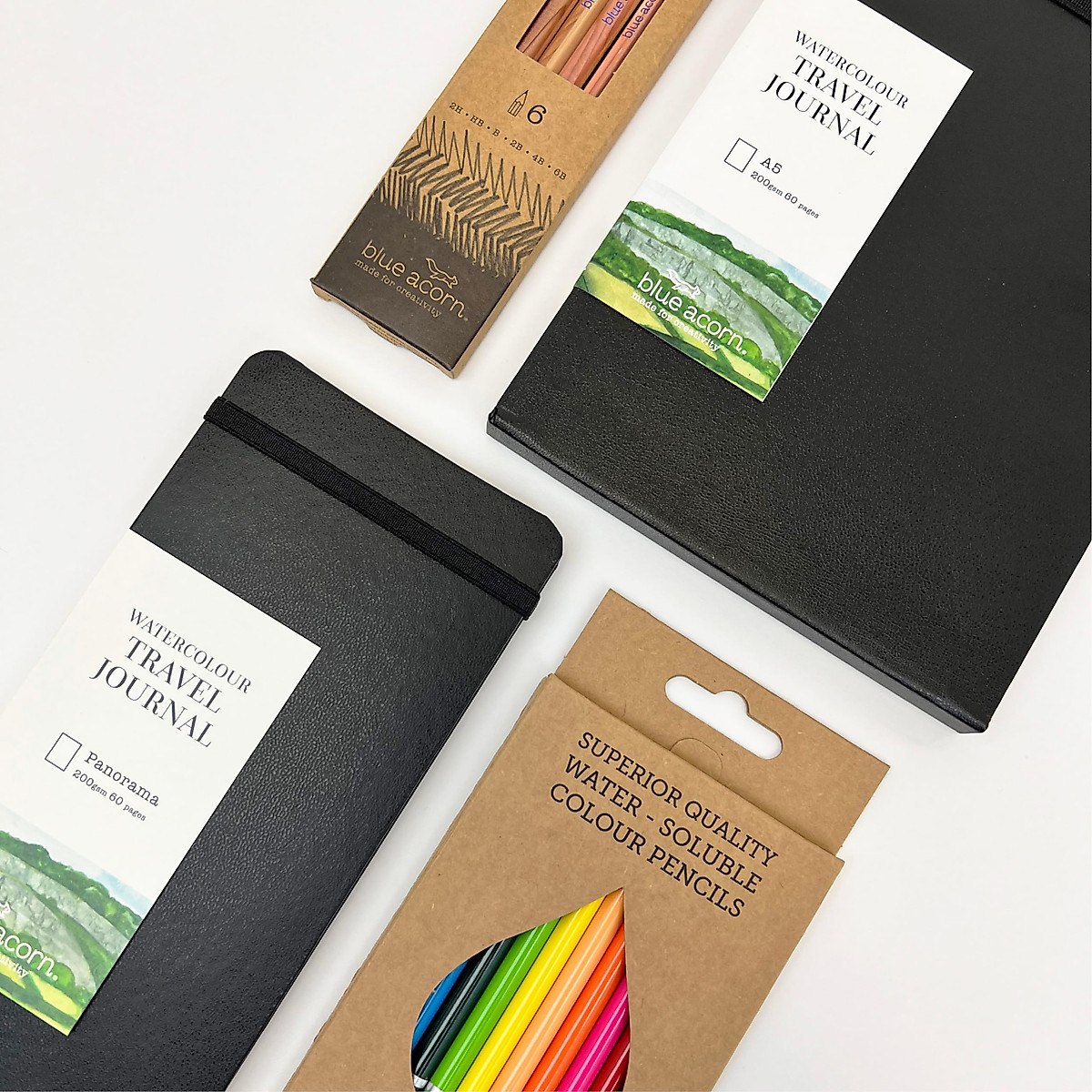 Blue Acorn Watercolour Journal Gift Set - Includes a Watercolour Travel Journal (60 Pages), an A5 Landscape Watercolour Travel Journal (60 Pages), 12 Water-Soluble Pencils and 6 Sketching Pencils