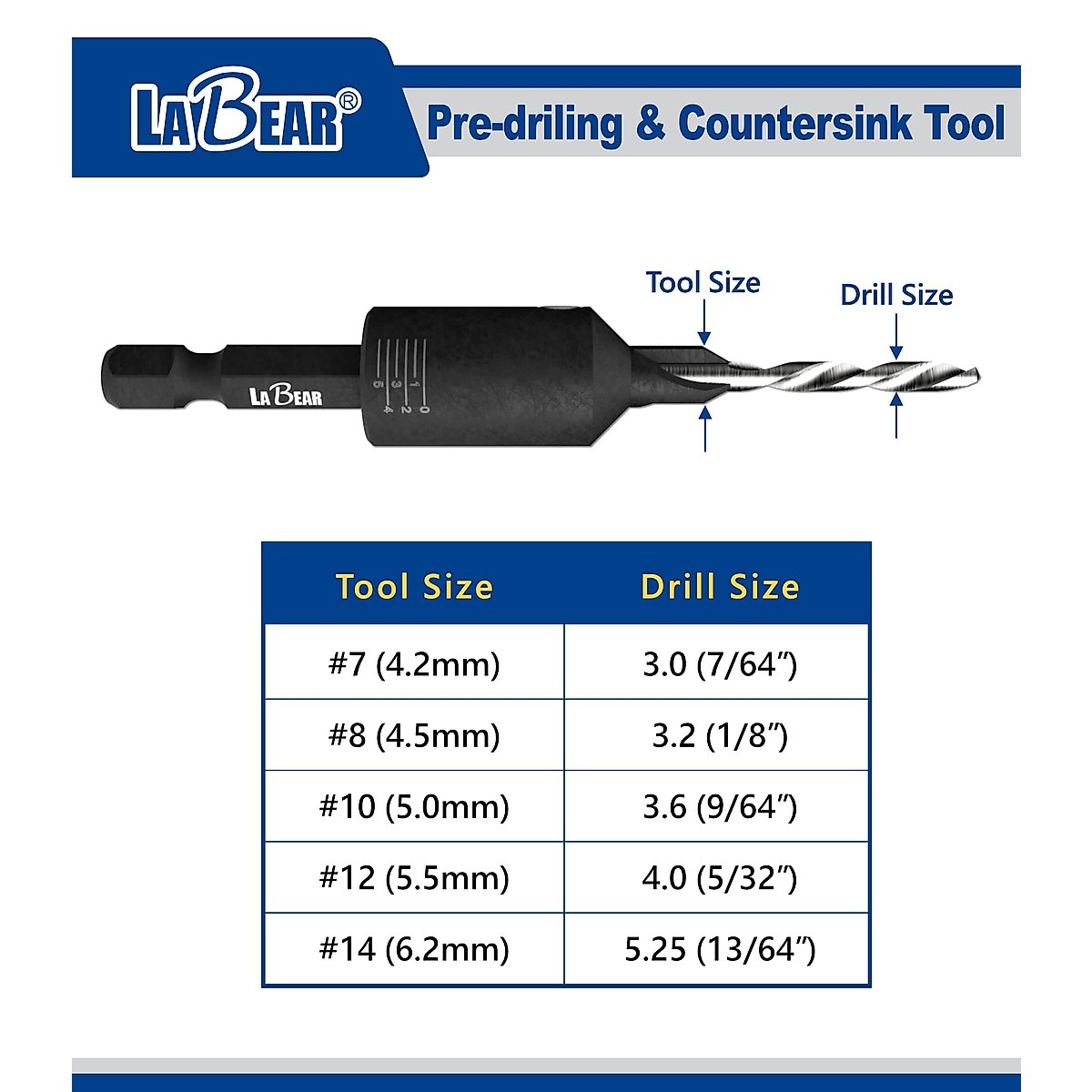 LaBear (#8) Countersink Drill bit Set, Countersink Drill bit, Countersink bit with Replaceable HSS Drill, 1/4" Hex Quick-Change Bits, Adjustable Low Friction Depth