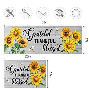 PRUKIVRA Kitchen Rugs and Mats,Non Skid Washable,Sunflower on Light Wood,Set of 2,Anti-Fatigue Comfort Standing Mat for Floor, Office, Sink, Laundry(17"x52"+17"x26")