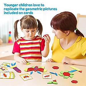 Coogam 160 PCS Wooden Shape Puzzle Pattern Blocks, Geometric Tangrams Game Brain Teaser Toy, Geo Preschool Learning Activity STEM Montessori Gift for Kids with 24 Pcs Design Cards