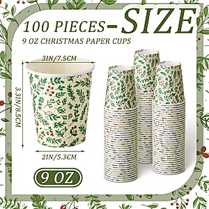 Panelee 100 Pieces 9 oz Christmas Paper Cups Christmas Holly Cups Disposable Paper Coffee Cup for Christmas Party Supplies Xmas Cups for Holidays Coffee Tea Cold Hot Drinks