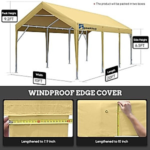 PEAKTOP OUTDOOR 10x20 ft Heavy Duty Carport Car Canopy with Removable Window Sidewalls, Portable Garage Tent Boat Shelter with Reinforced Triangular Beams, Beige
