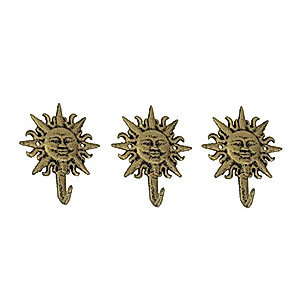Set of 3 Vintage Sun-Face Cast Iron Decorative Wall Hooks in Antique Gold Finish - Elegant Towel or Coat Hanger Rack for Home Decor - 5.75 Inches High