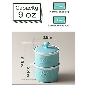 DOWAN Salt and Pepper Bowls, 9 OZ Salt and Pepper Cellar, Salt & Pepper Shakers Set of 2, Stacking Ceramic Salt and Pepper Container with Lid, Salt Keeper, Adorable Decorative Mason Décor, Turquoise