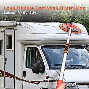 Buyplus Car Wash Brush Mop with 46" Aluminum Alloy Long Handle, 3-in-1 Chenille Microfiber Car Cleaning Kit Brush Duster, Not Hurt Paint Scratch Free Window Squeegee(Orange)